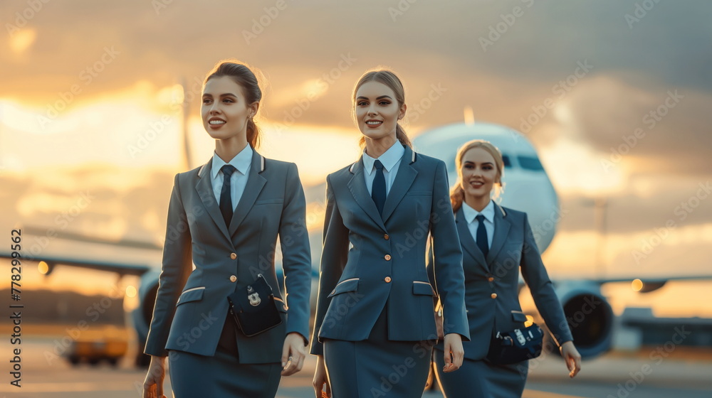 Smiling flight attendants in uniform stride confidently on the airport ...