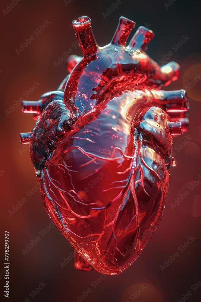 A digital artwork featuring a transparent red human heart against a red ...