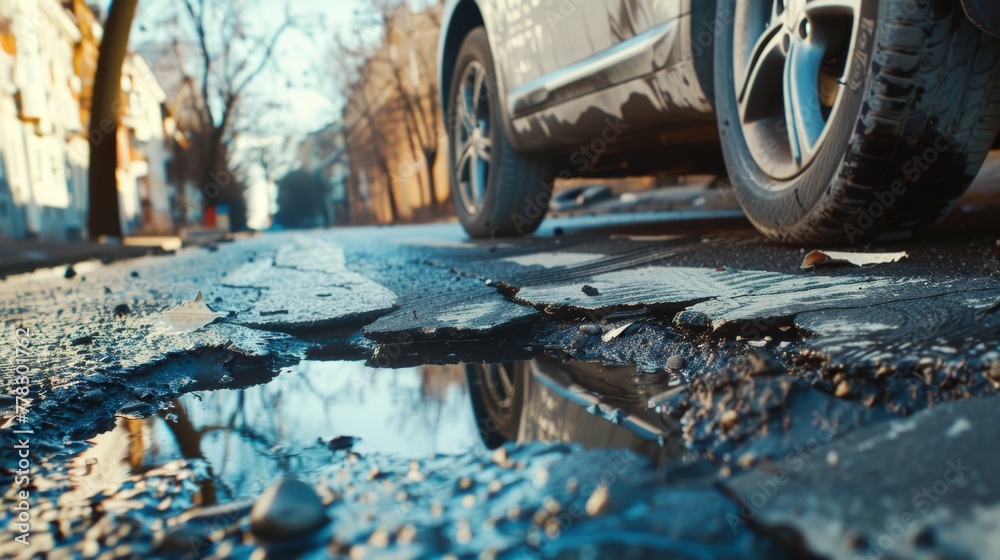 car wheels running and closed up Very bad quality street with potholes ...