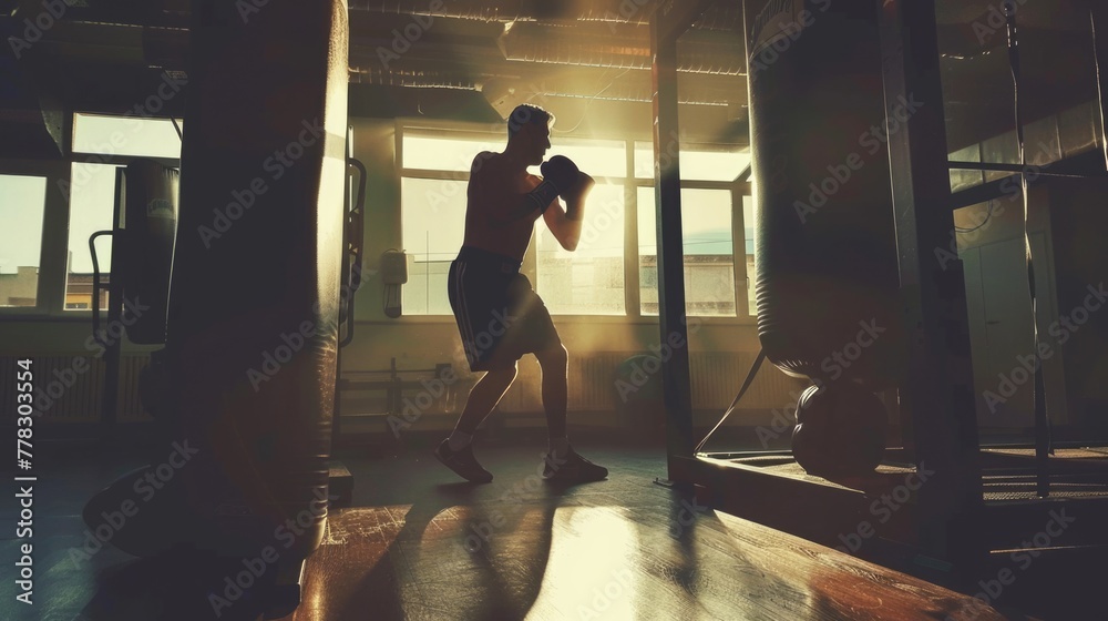 Professional boxer man punching bag in dynamic boxing action in ring of ...