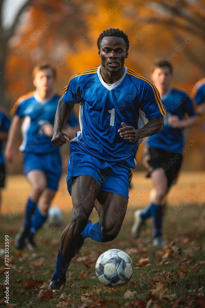 Boys in sports uniforms run together on the grass, showing teamwork and ...