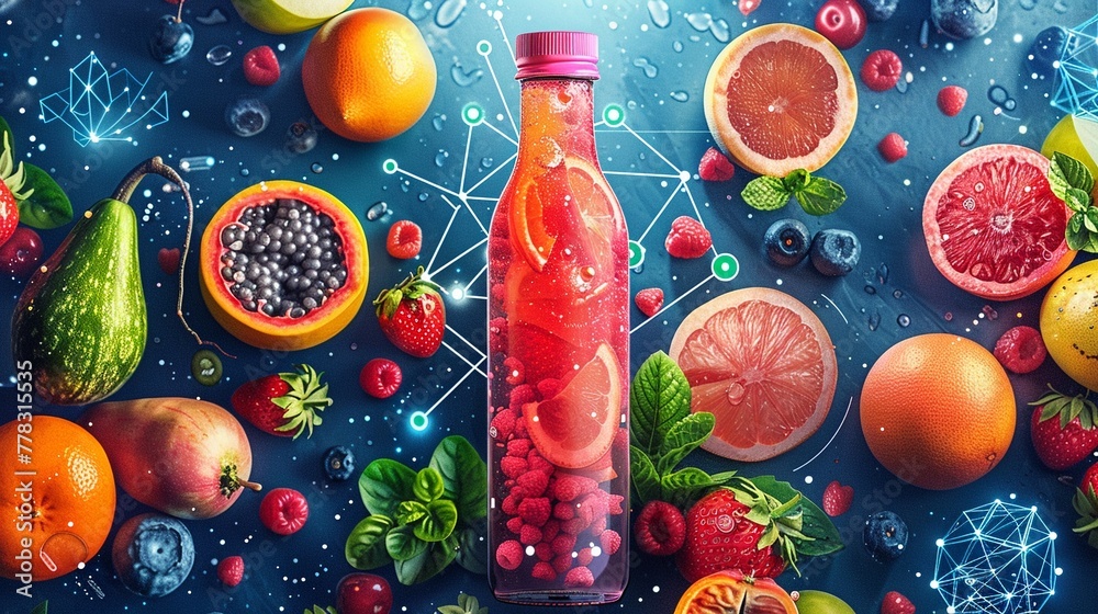 Futuristic illustration of a juice bottle enriched with a microbiome ...