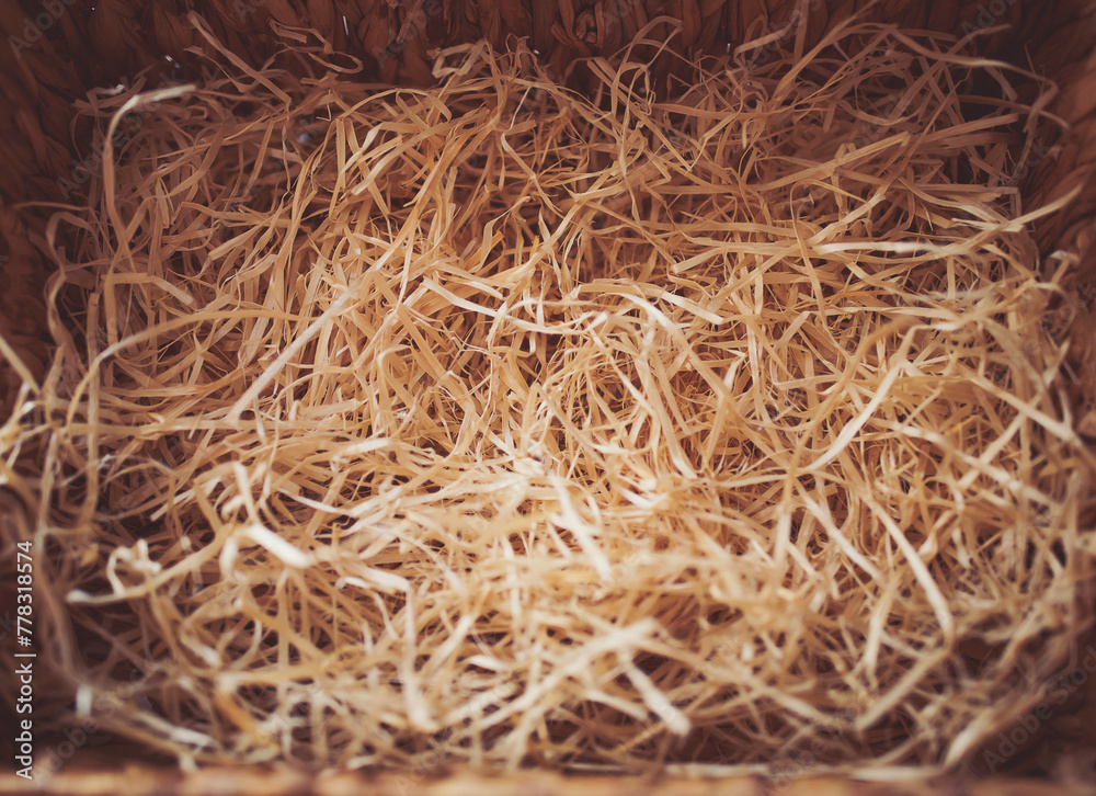 Decorative straw, filler, shavings for box. Top view, mockup for design ...
