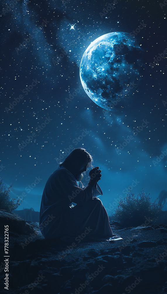 Vertical recreation of Jesus Christ praying in a blue starry night with ...