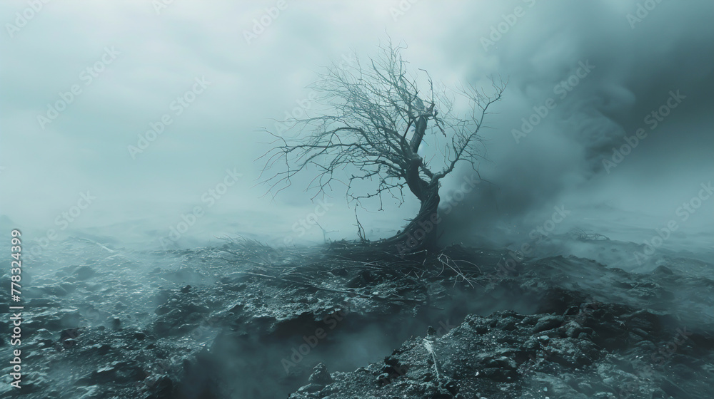 Mist rising from a toxic waste dump shapes itself into a withered tree ...