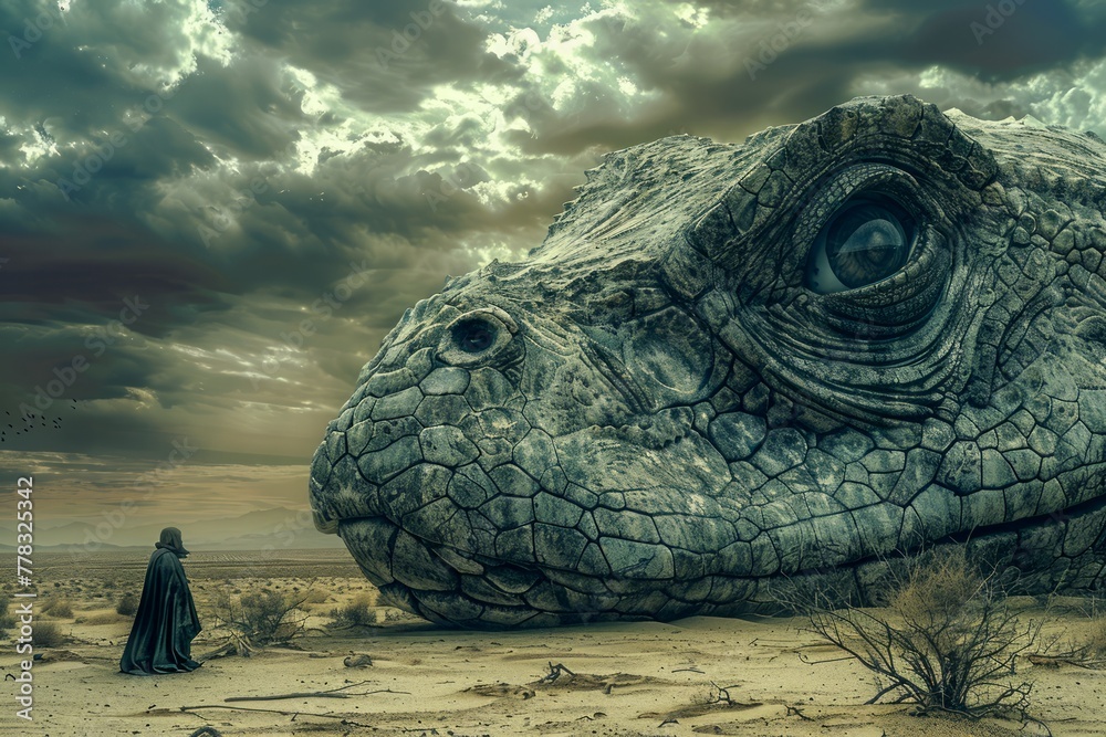 Surreal Desert Encounter with Giant Lizard and Mysterious Cloaked ...