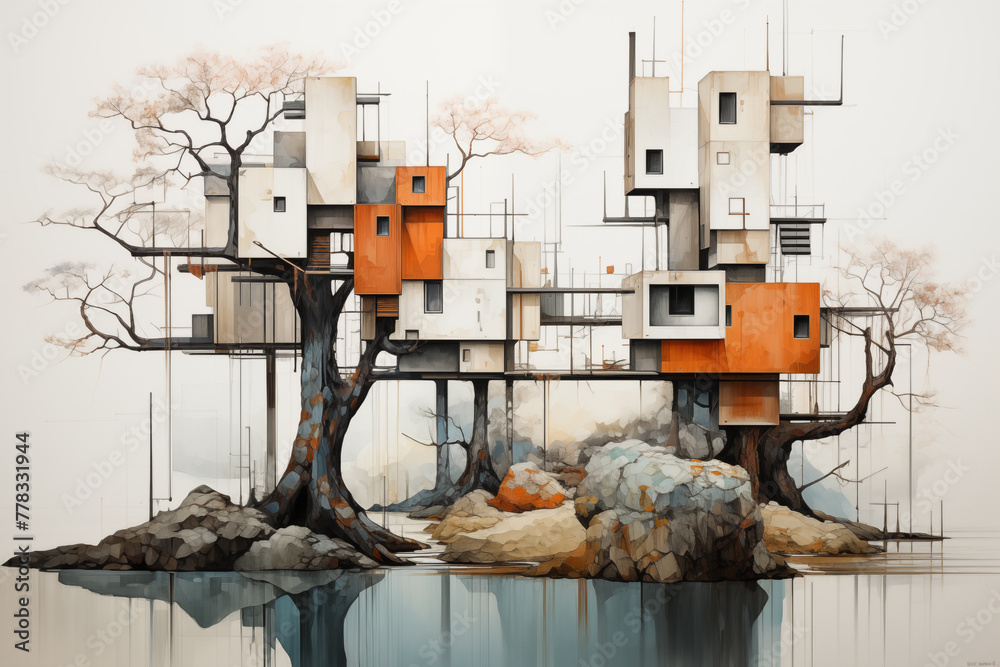 An abstract landscape painting with buildings and trees depicted in ...