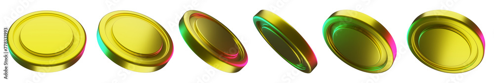 3D Golden coin set with shades of green and pink. Tick-tock colors ...