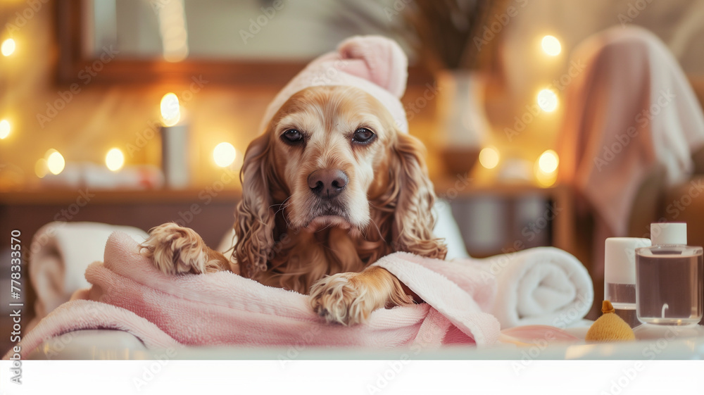 Dog in spa salon in a pink towel. A spaniel relaxes in a spa salon. The ...