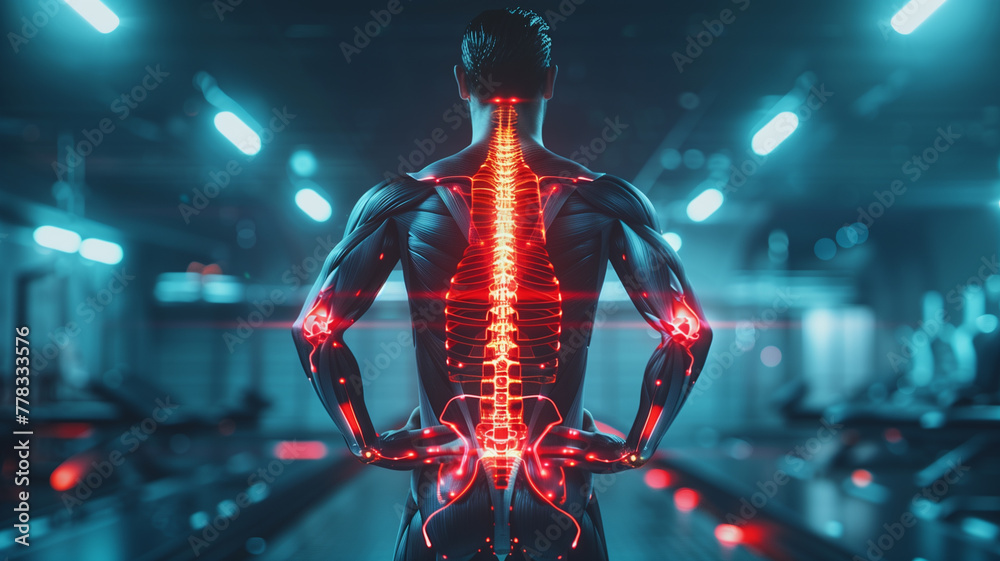 Nervous system of the spinal cord imaging. Robot energy. Luminous lines ...