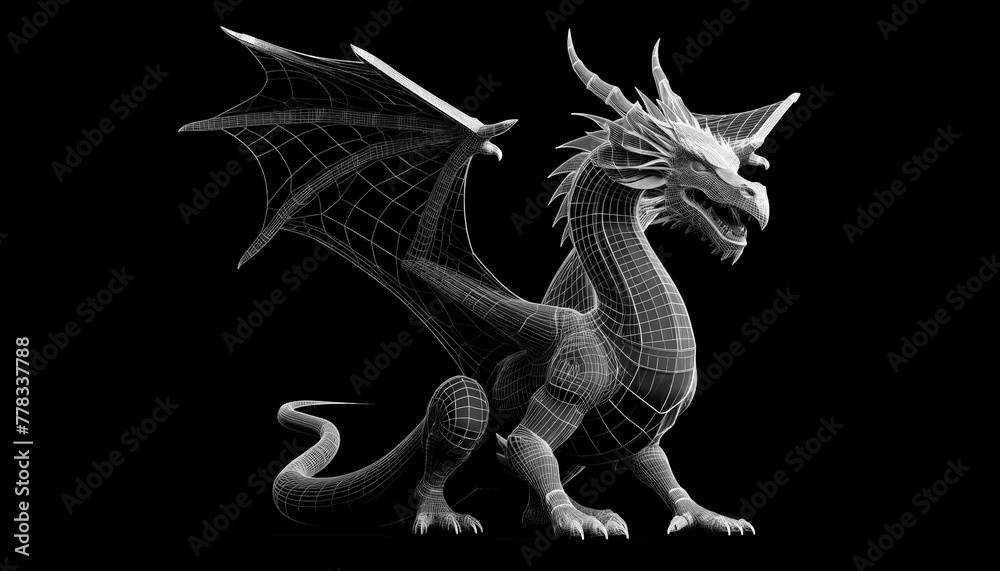3D wireframe model of a dragon with dragon ring, majestic and powerful ...