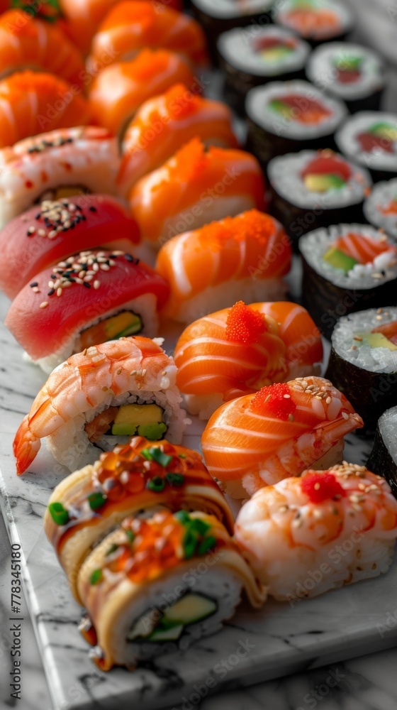 Sushi platter on marble slab featuring a selection of rolls, nigiri ...