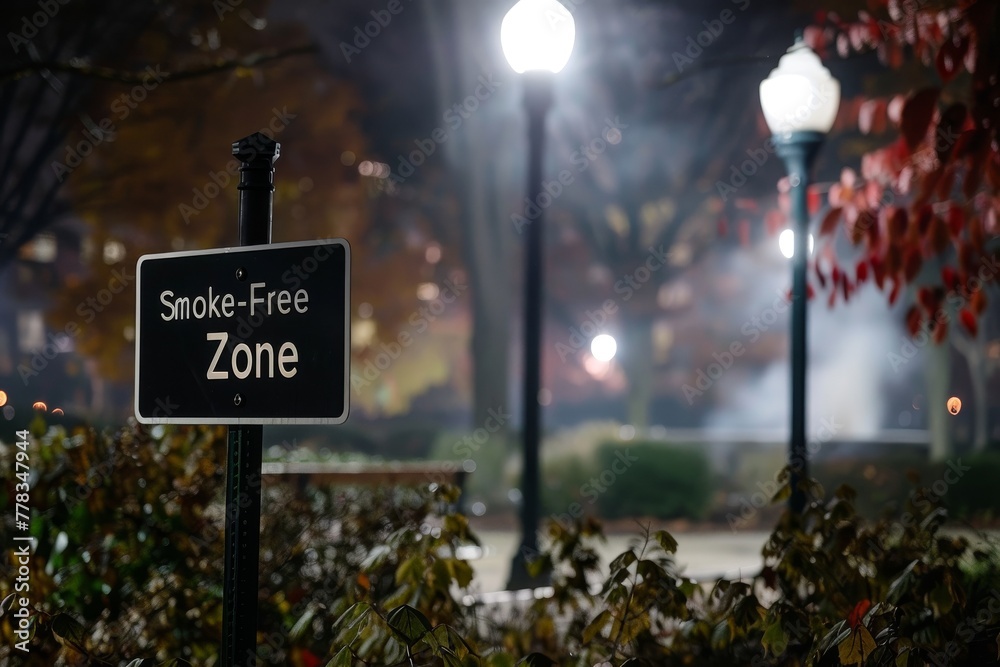 A public sign stating "Smoke-Free Zone" in a park, emphasizing the ...