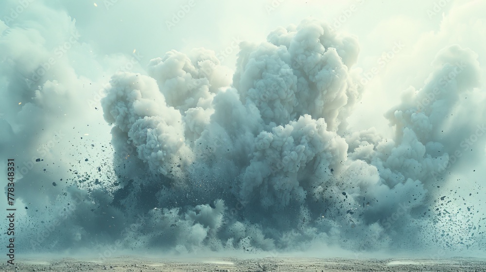 A cartoon war blast, dust smoke cloud, and motion speed sparks on an ...