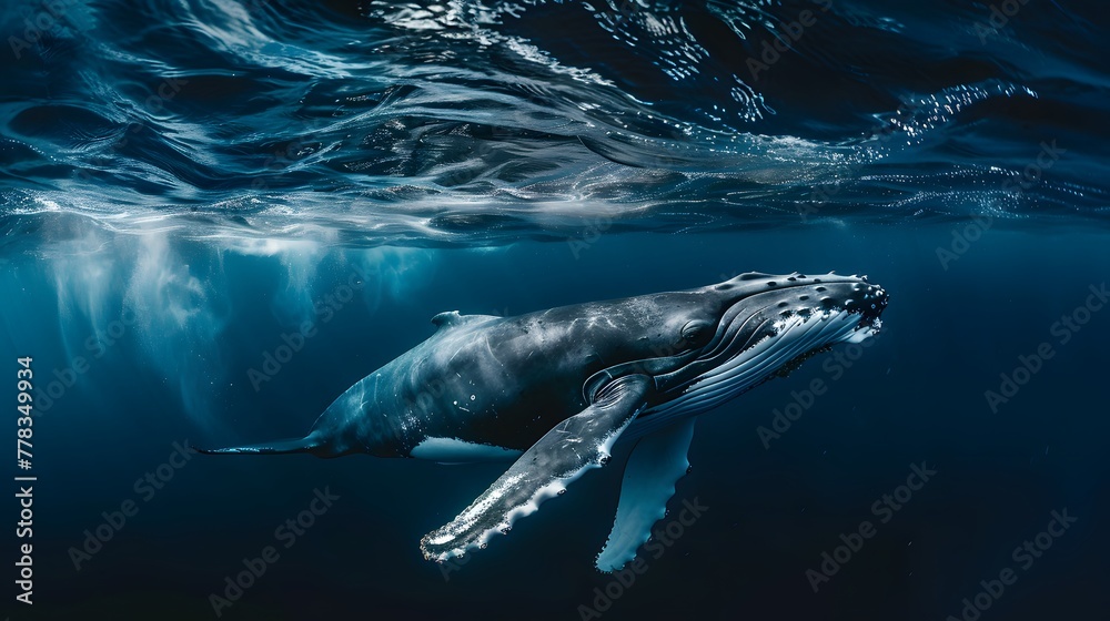 Whale swimming underwater in the ocean. 3D Rendering. A Baby Humpback ...