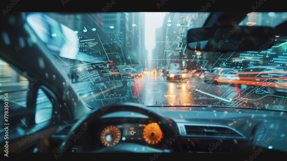 Autonomous, self-driving car moving through city, showing infographics ...