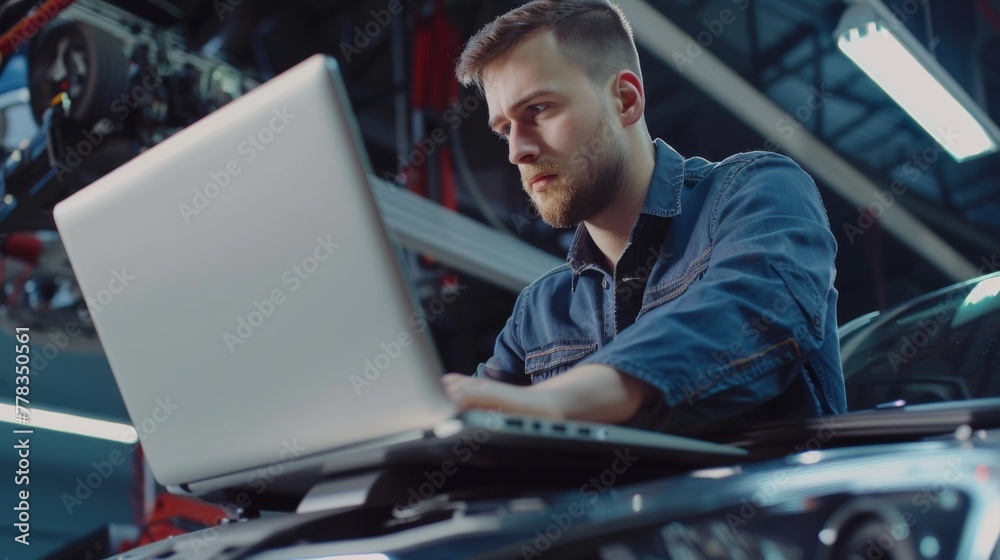 A mechanic manager worker checks a car on a laptop computer in the ...