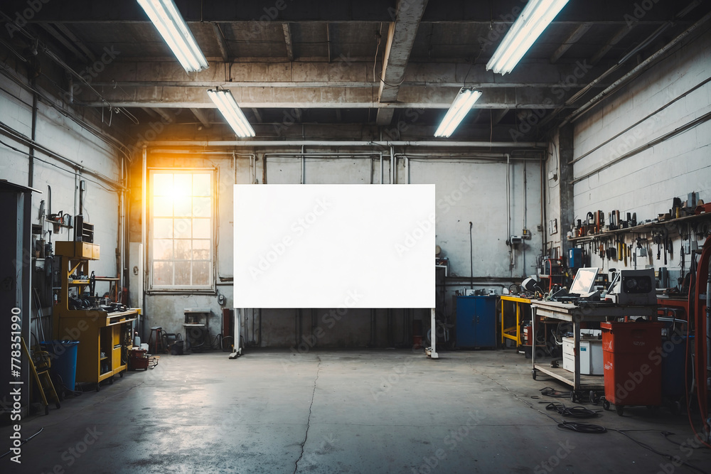 White billboard with blank display screen in the car repair shop or ...