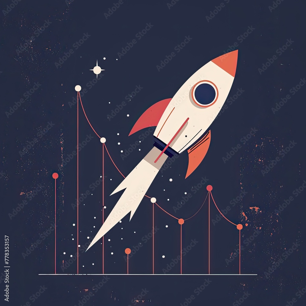 A minimalist design of a rocket ship launching off a graph chart ...