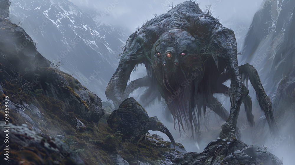 Scary giant fantasy spider in dark forest Fantasy scene giant monster ...