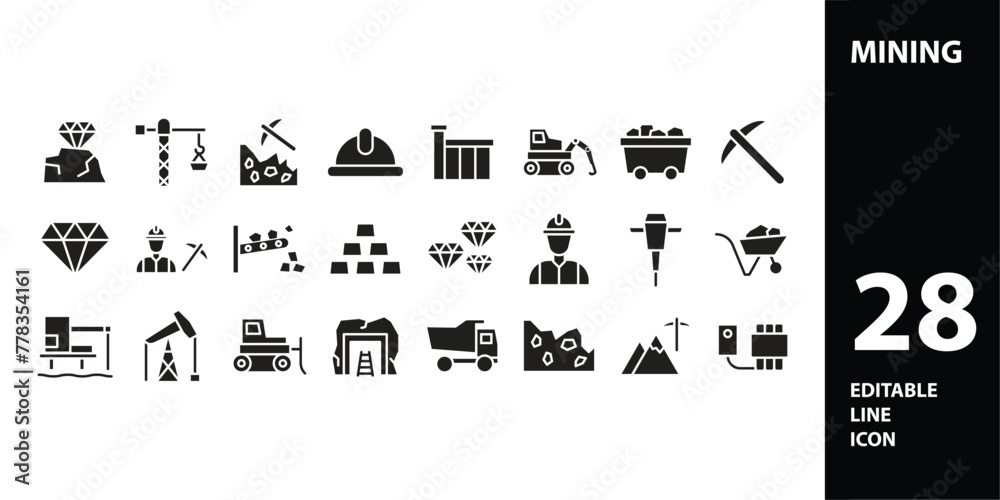 Mining, icon set. Extraction of minerals in the mine and surface ...