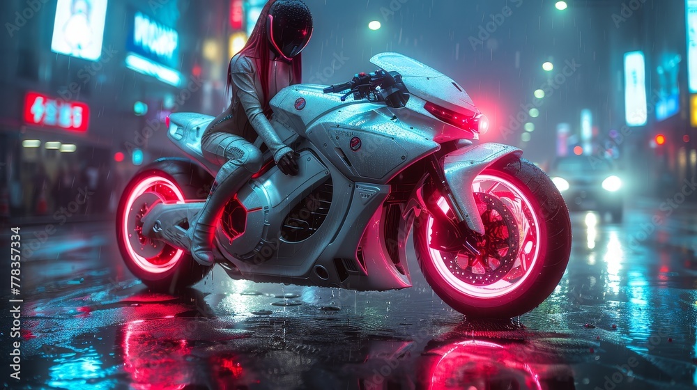 A cyborg biker on a futuristic bike. A beautiful robot on a motorbike ...