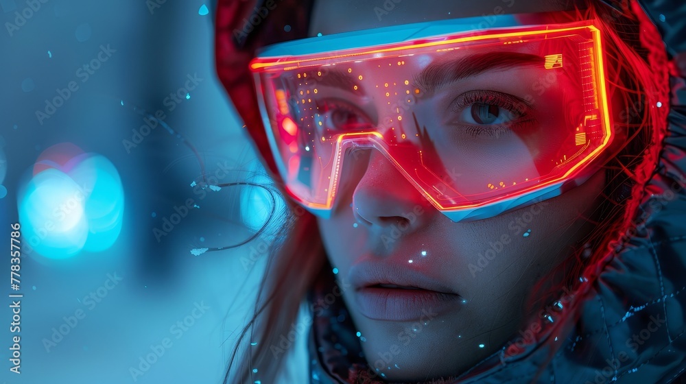 Character girl cyborg with electronic implants, 3D VR glasses in ...