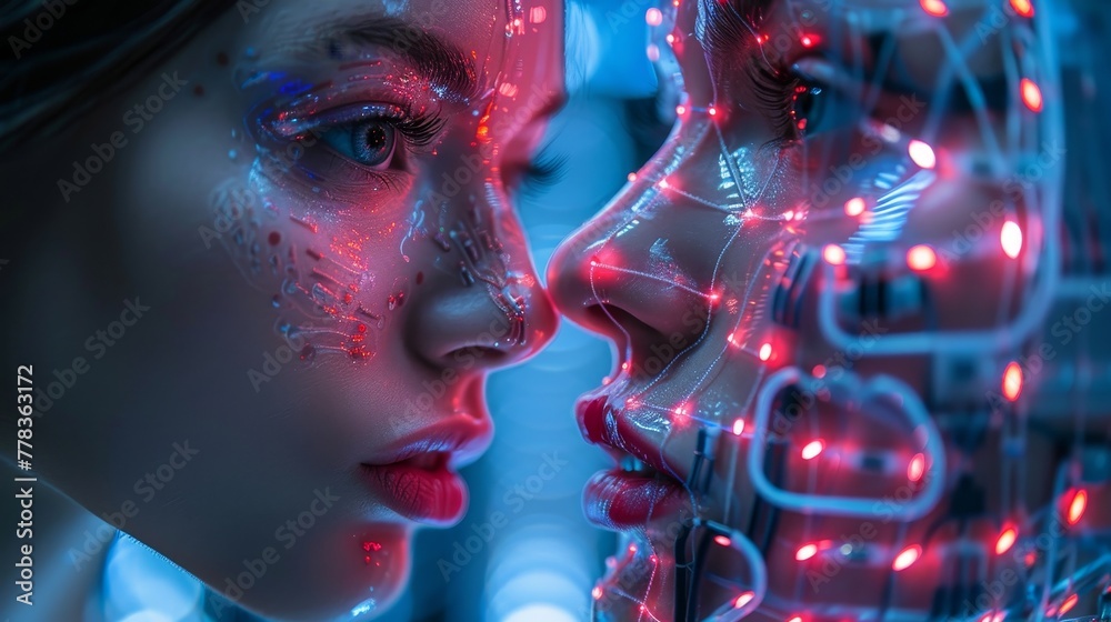 A lovely robot woman with artificial intelligence in her wig paints her ...