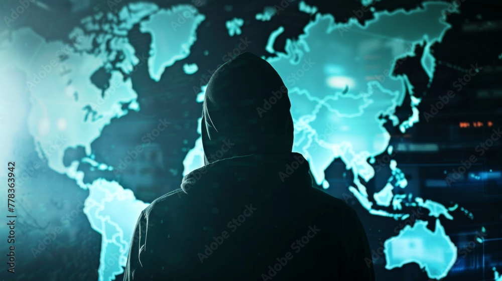Hacker Silhouette in Front of Cyber Global Map. A shadowy hacker stands ...