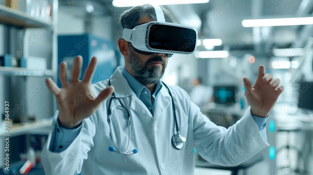 A rofessional is immersed in a cutting-edge virtual reality simulation ...