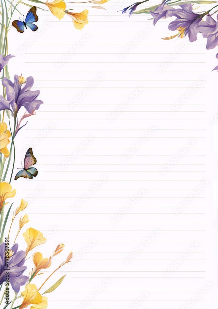 lined paper with purple and yellow flowers and blue butterflies in the ...