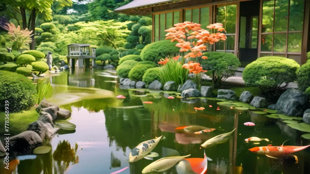 A peaceful and enchanting scene of a Japanese garden featuring a serene ...