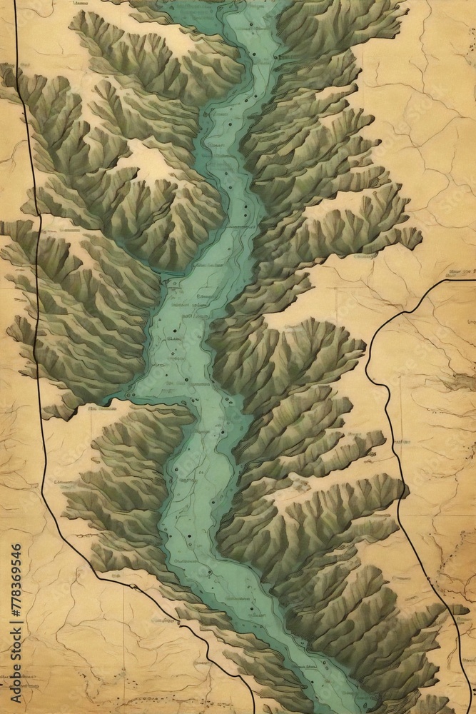 An illustration of a detailed map of the Green River in a vintage style ...