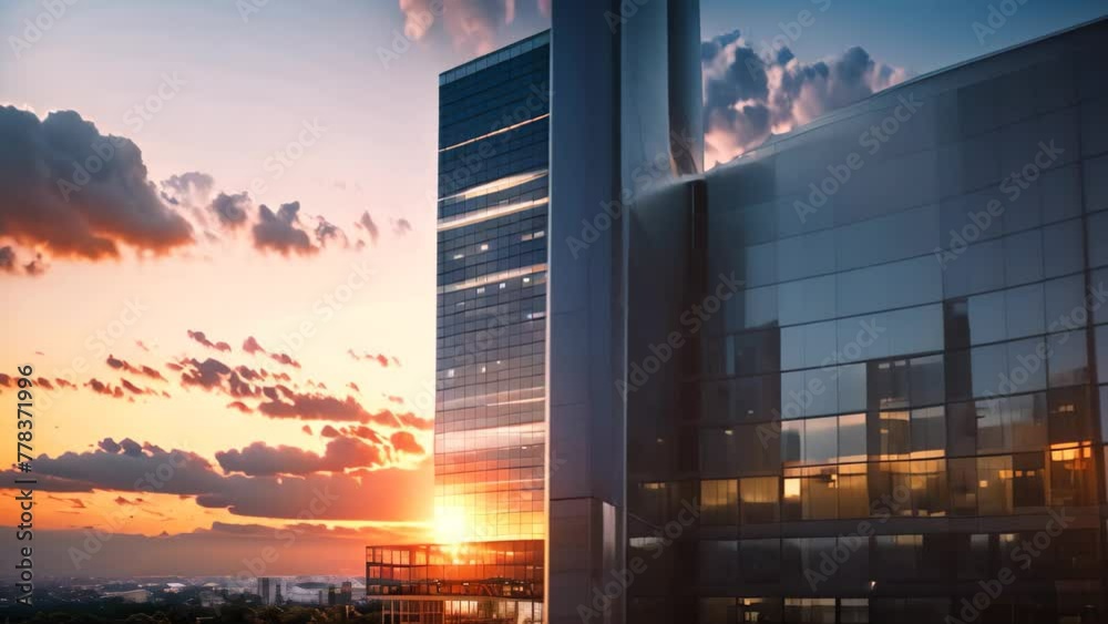A towering building stands tall amidst a picturesque sunset, creating a ...