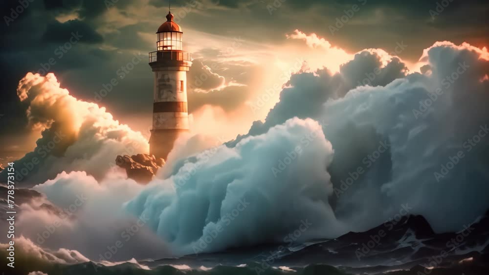 A solitary lighthouse valiantly endures massive waves amidst a raging ...