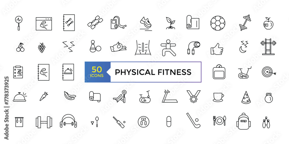 Set of physical fitness icons related to wellness, wellbeing, mental ...