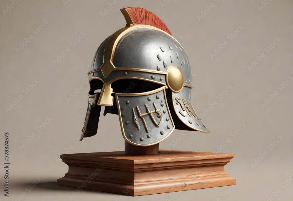 Roman centurion helmet with a transverse crest on a wooden stand Stock ...