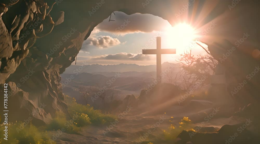 Sunrise at the Cave Entrance with a View of the Cross. A serene sunrise ...