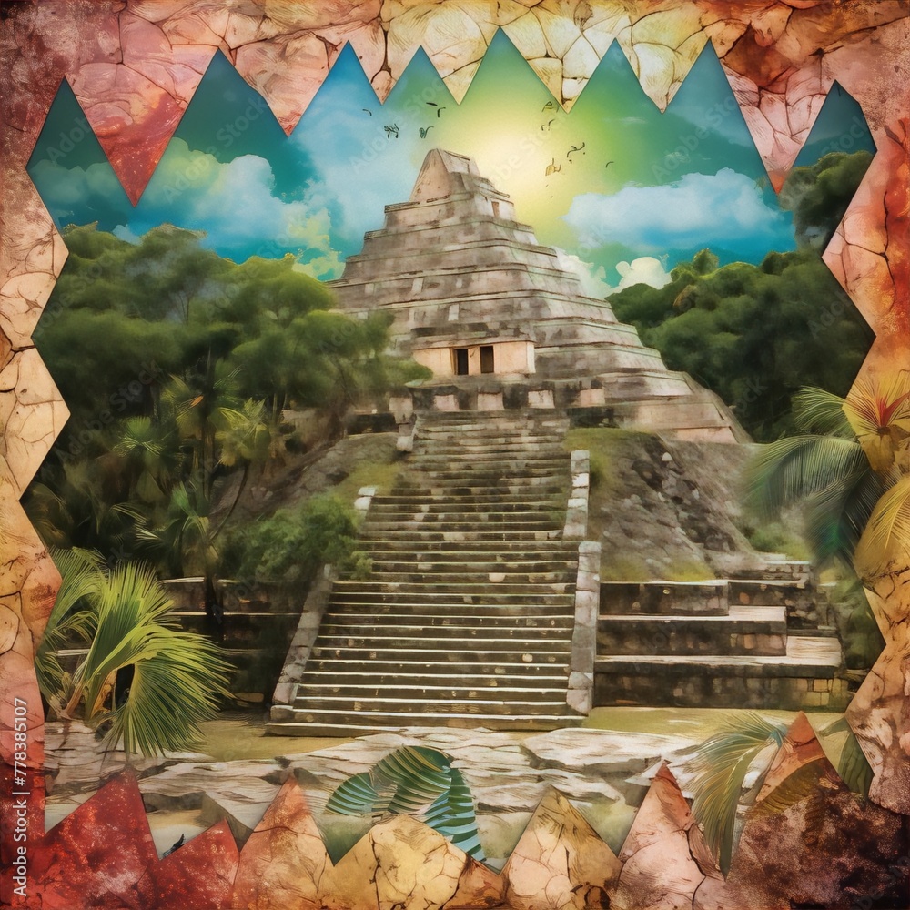 Stone Mayan pyramid with stairs leading up to it, surrounded by lush ...