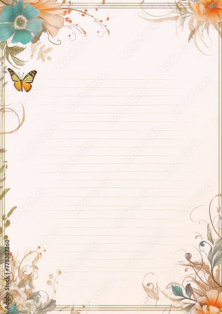 Vintage floral lined paper with butterfly and flowers frame, in muted ...