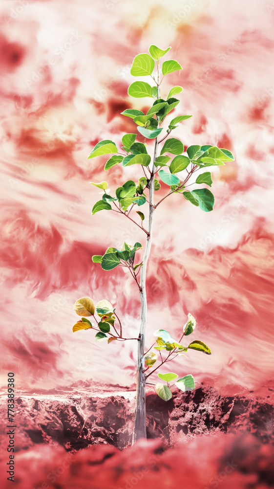Watercolor drawing of a sapling of a young deciduous tree breaking ...