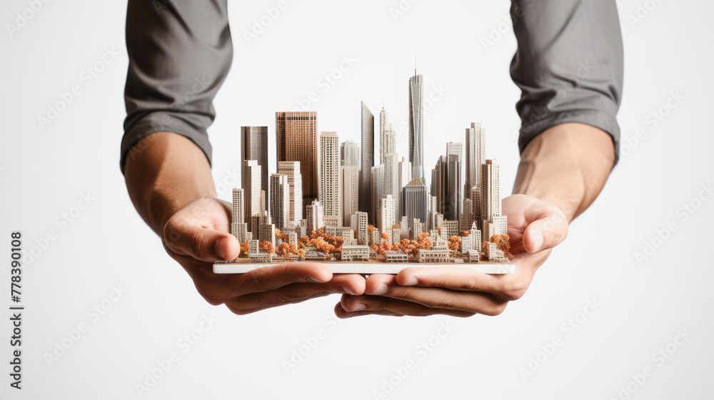 an architect on a beige background holds in his hands a model and ...