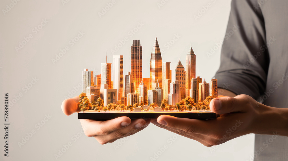 an architect on a beige background holds in his hands a model and ...