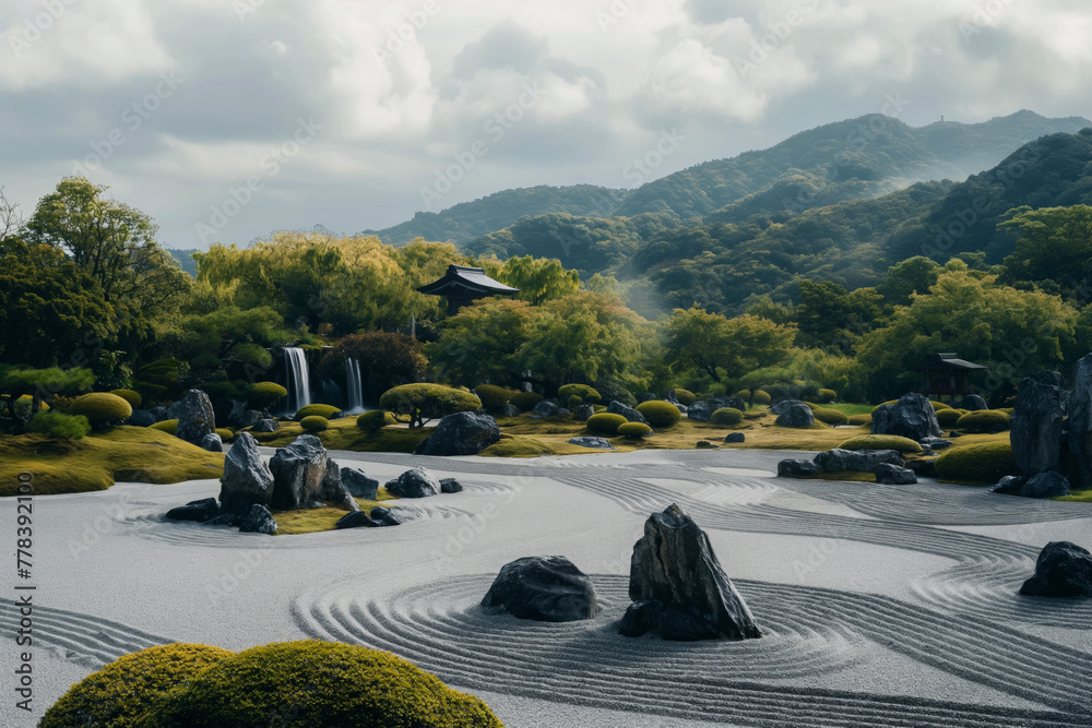 View of a calm oasis of harmony and beauty of a Japanese rock garden ...