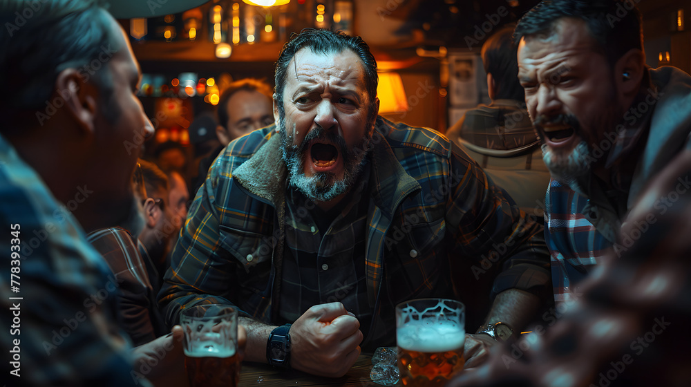 American shot, in a bar, a basic 40 year old man looking at his beer ...