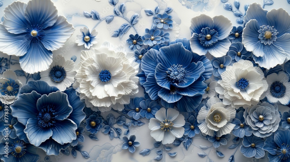 A blue and white flower arrangement with gold accents. The flowers are ...