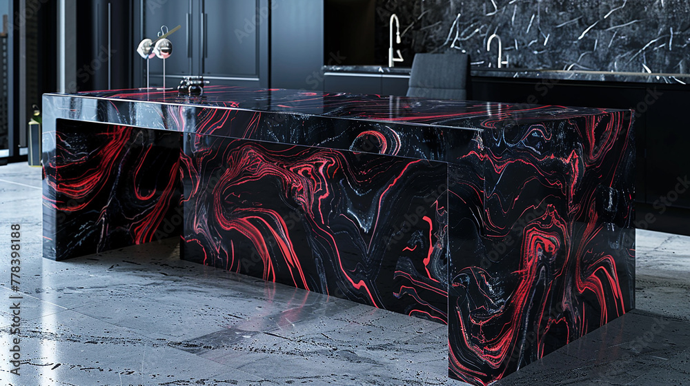 A black marble desk with deep red swirls, creating a workspace that is ...