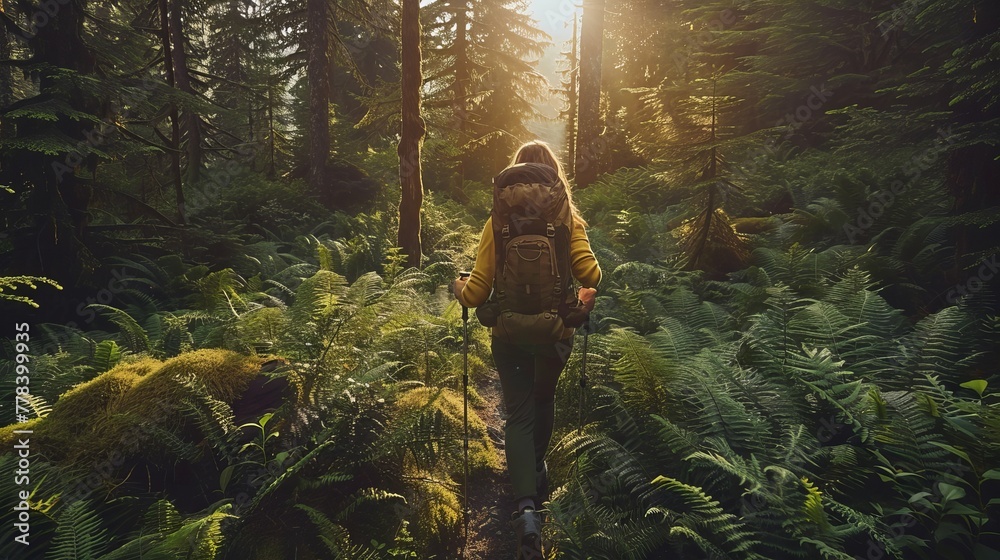 Explore enchanting realms and embrace nature's wonders. A woman hiker ...