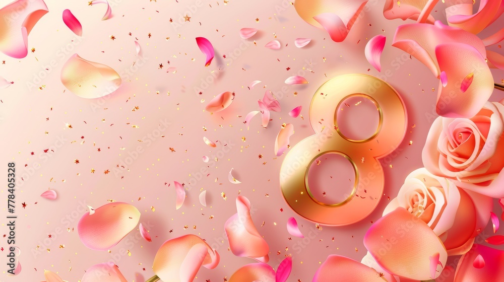 An elegant modern card for International Women's Day. A golden number 8 ...