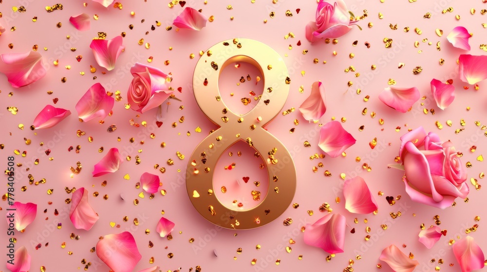 An elegant modern flyer for 8 March with golden number 8, confetti ...